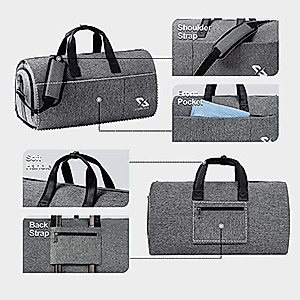 Golkcurx Convertible Garment Bag for travel,Carry on Garment Duffle Bag with Shoe Compartment, Detachable Shoulder Strap - 2 in 1 Suit Bags Suit Travel Bags for Men Women (Grey)