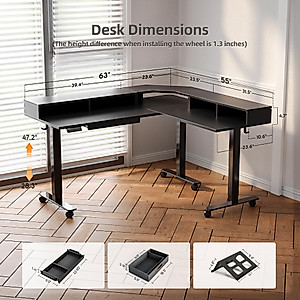Claiks Dual Motor 63" L Shaped Standing Desk with Drawers, Electric Standing Desk Adjustable Height, Corner Stand up Desk with Splice Board, Black Frame/Black Top