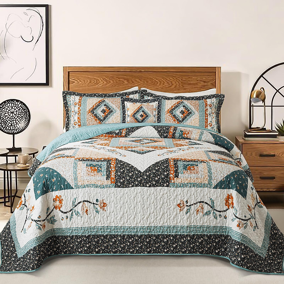 BEDIFANY Cotton King Size Quilt Sets, Lightweight King Quilt Bedding Set (98 x 106 inch) Garden Style Floral Bedspread King Size Coverlet Set for Bed Decorations - All Seasons, 3 Pieces