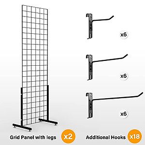 Bonnlo 6' x 2' Wire Grid Panel Tower with T-Base Floorstanding, Thicker 5mm Wire, 180 LBS Weight Capacity Grid Wall Display Rack with Hooks 4", 6" and 8", 2-Pack Black