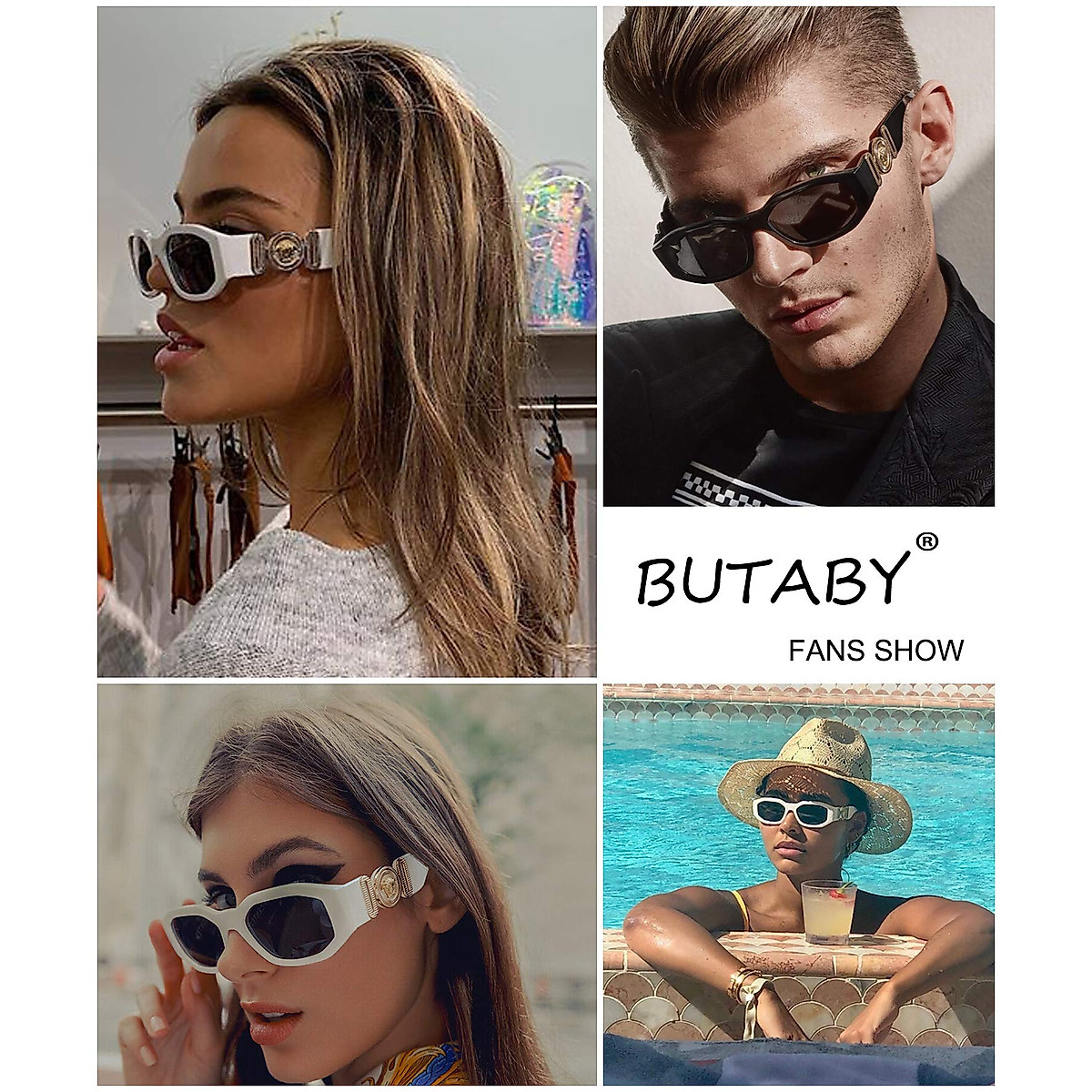 BUTABY Rectangle Sunglasses for Women Retro Driving Glasses 90’s Vintage Fashion Irregular Frame UV400 Protection Black & White