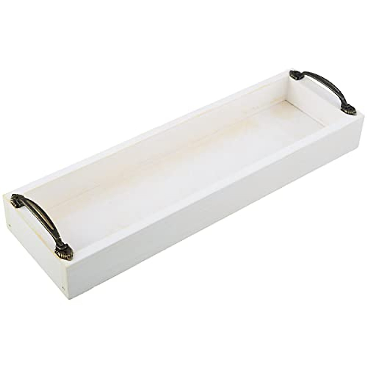 Generic Rustic Whitewashed Rectangular Wooden Serving Tray with Metal Handle Centerpiece for Dining Room Living Room or Windowsill Perfect Size for Snacks Wine Coffee Candles or Plants,White Washed