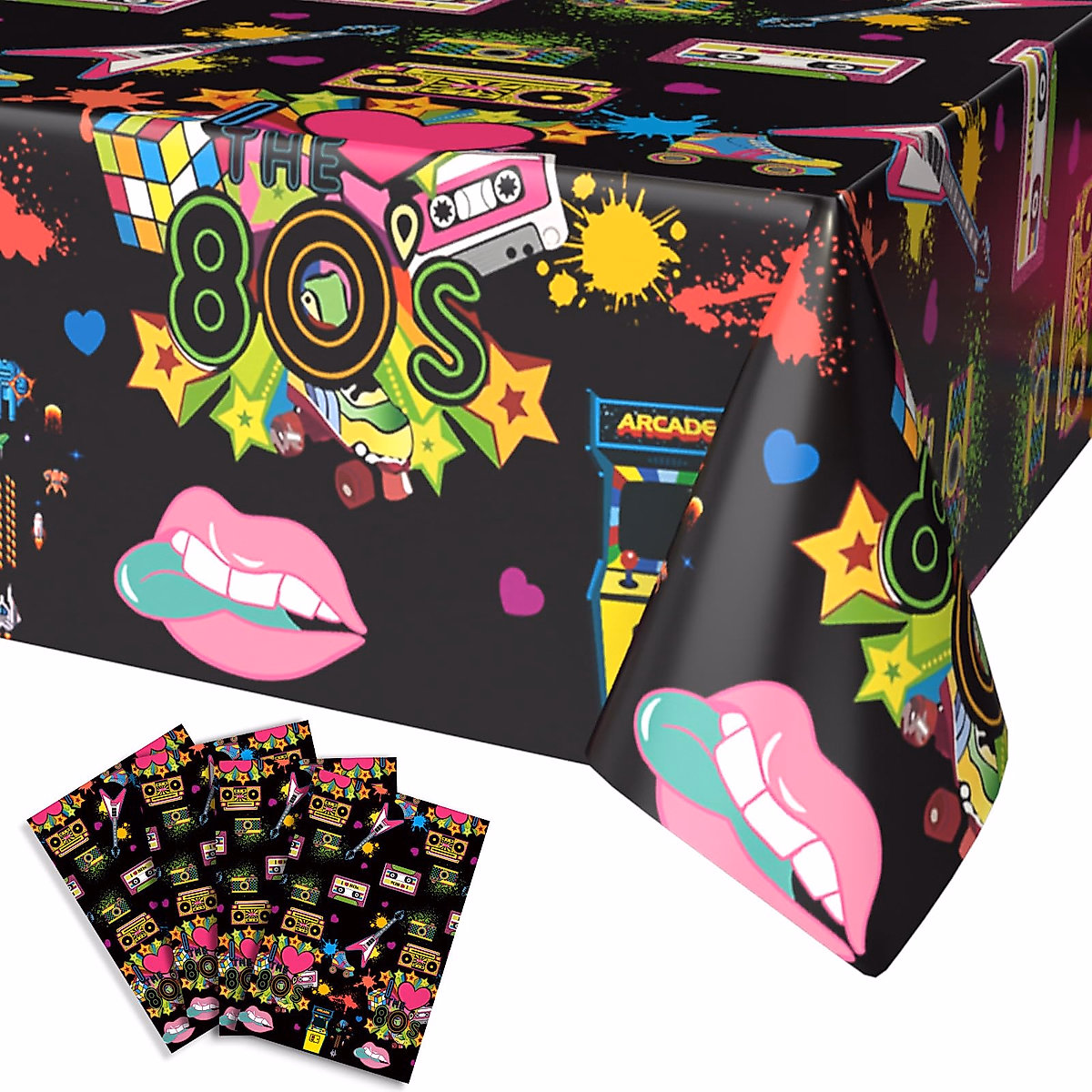 FunHot 80s Tablecloths, 4 Pcs 54 x 108 Inch Waterproof Black Print Rectangular Table Covers for 80s Nostalgia Party Decorations