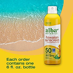 Alba Botanica Sunscreen for Face and Body, Hawaiian Coconut Sunscreen Spray, Broad Spectrum SPF 50 Sunscreen, Water Resistant and Biodegradable, 6 fl. oz. Bottle