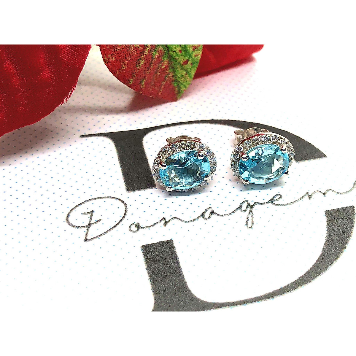 DONAGEMS 9x7 Oval Cut Gemstone Halo Studs Earrings with Push Back - Aquamarine