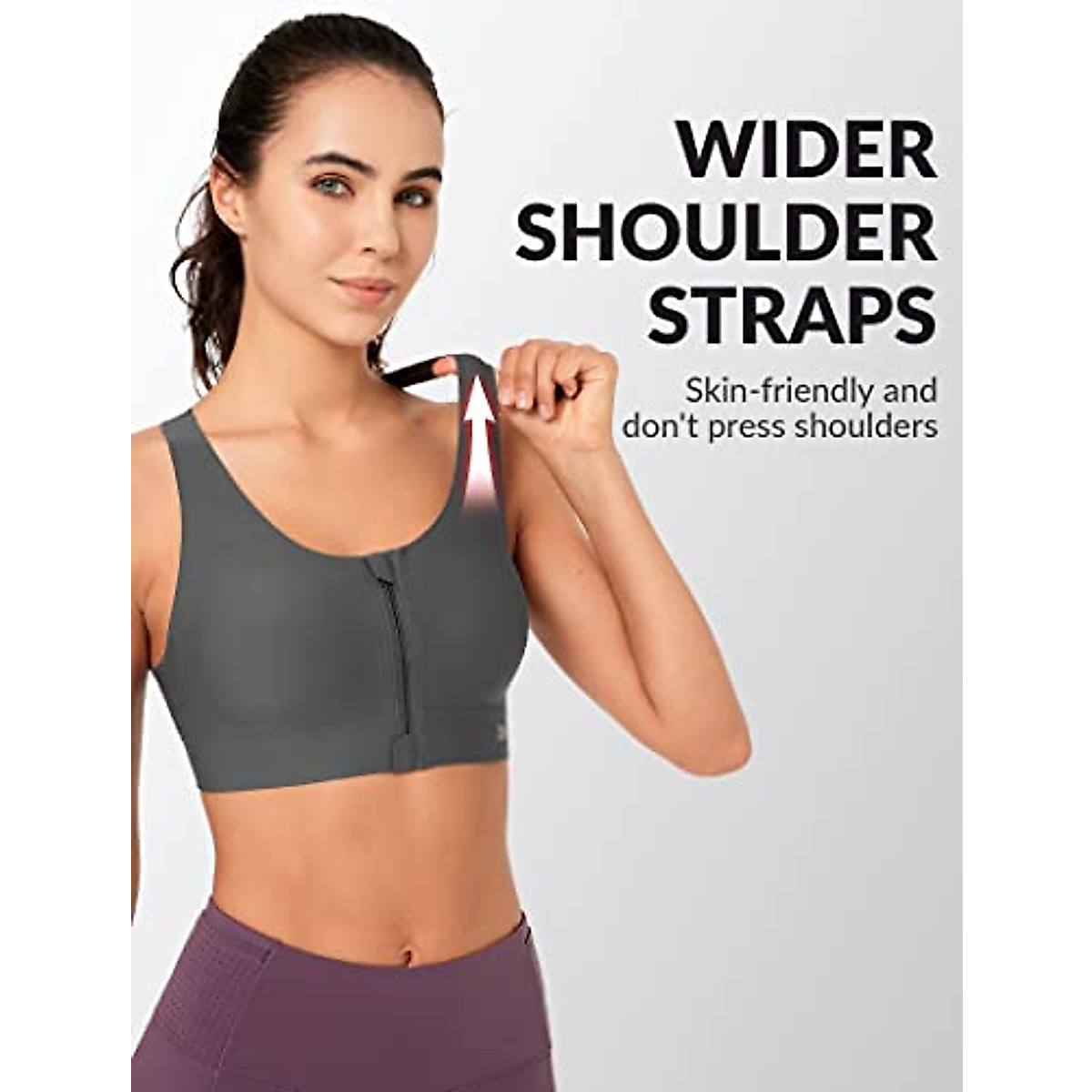 Yvette Seamless Post Surgery Sports Bra - Medium Support Zip Bra,Wireless Supportive,Comfortable，Grey, Medium