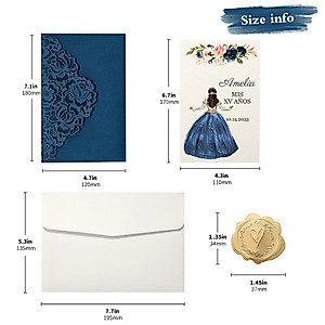 DORIS HOME 50pcs Laser Cut Quinceanera Invitations Blue, 4.7x7.1 Personalized Quince Invitations for 15th Birthday, Invitation cards for Sweet 16 with Envelopes