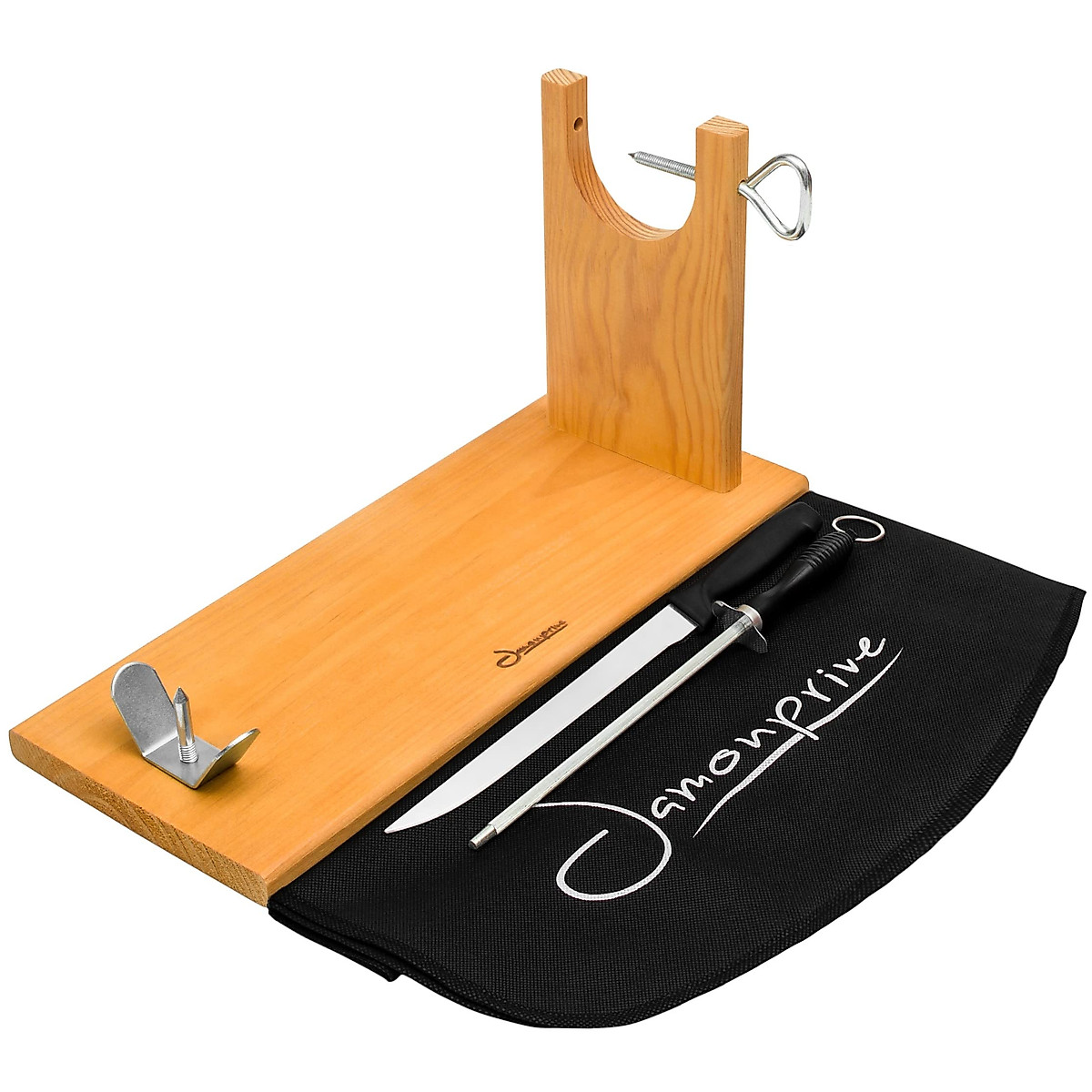 Professional Ham Stand with Ham Knife + Sharpening Steel + Ham Cover - Ham Holder Ideal for Serrano Ham, Iberico Ham and Italian Prosciutto - Jamonprive