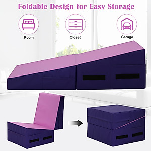 Pink Incline Gymnastics Mat Foldding Gymnastic Tumbling Mat with Handle, Cheese Wedge Gymnastics Tumbling Mat Home Gym Yoga Mat for Women Kids Play, Home Exercise, Aerobics, Gymnastics Training