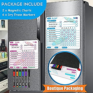 2 PCS Chore Chart for Kids & 6 Dry Erase Markers with Eraser, Dry Erase Magnetic Chore Charts for Kids Multiple Kids, Weekly Daily Behavior Reward Chart Whiteboard for Kids Teenagers on Refrigerator