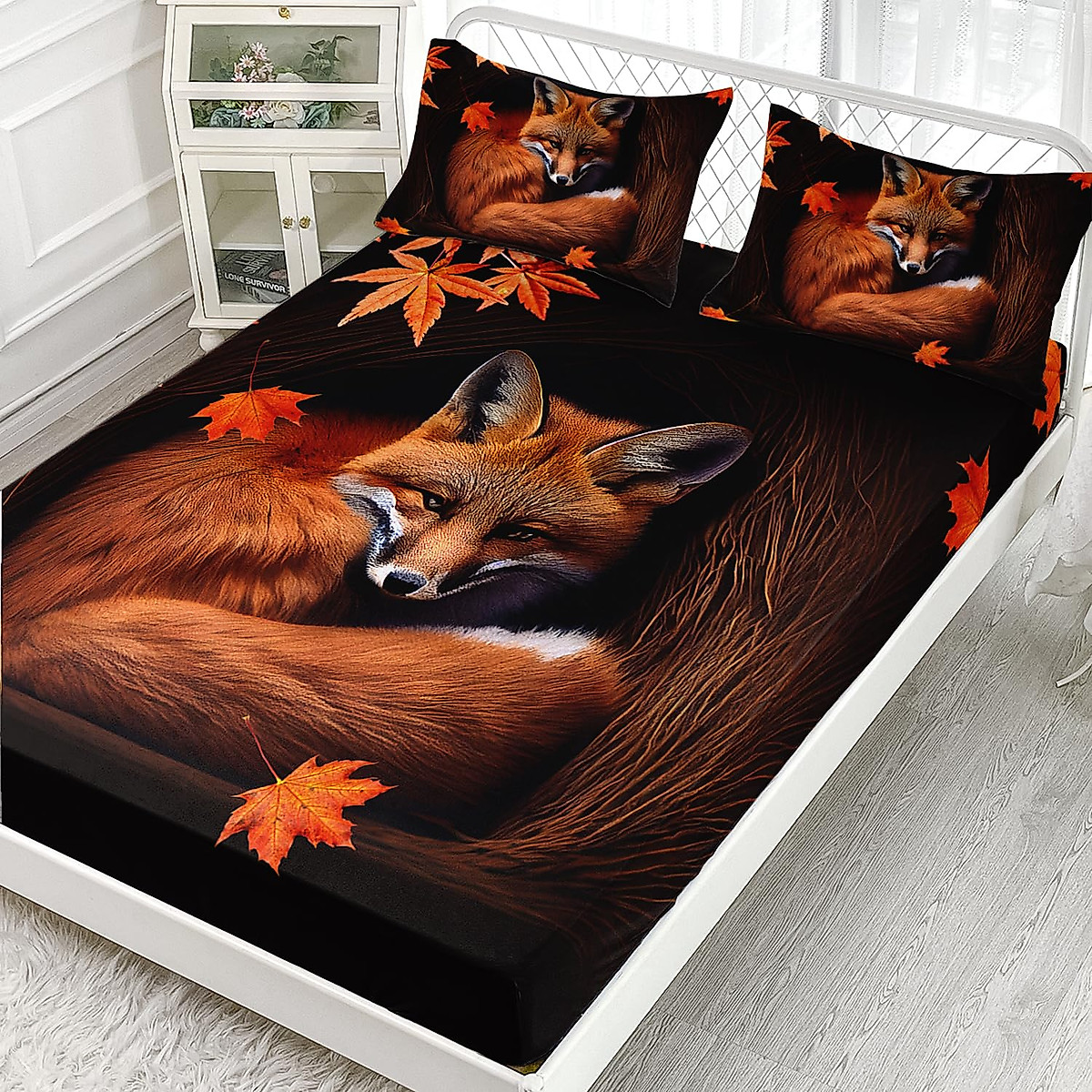 AILONEN Fox Fitted Sheet Set Full Size, Autumn Maple Leaves Orange Animal Bed Sheet Set,Cartoon Fox Sheets Set for Kids Boys Girls,3 Pieces, 1 Fitted Sheet and 2 Pillowcases