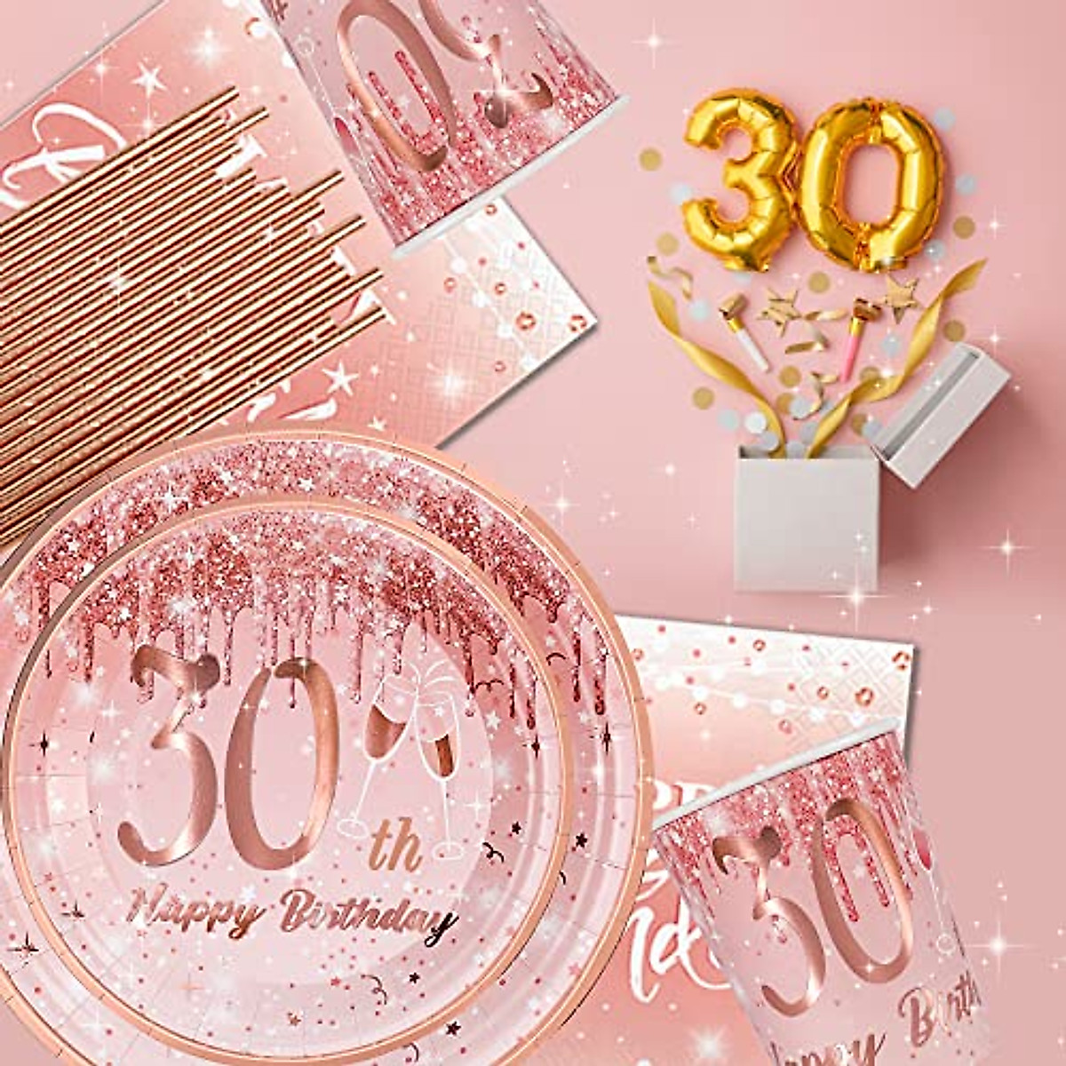 30th birthday decorations for women her - (Total 121pcs) rose gold Birthday supplies Plates and Napkins, Cups, Straws, tablecloth, Disposable Tableware for 24 Guests