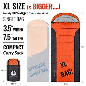 VENTURE 4TH 3-Season XL Backpacking Sleeping Bag, Camping Sleeping Bags for Adults & Kids - Lightweight, Comfortable, Water Resistant, Ideal for Hiking, Camping & Outdoor – Orange/Gray
