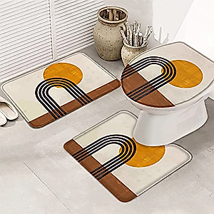 3 Piece Bath Rugs Sets Mid Century Abstract Modern Bathroom Mats Set Non Slip Water Absorbent U-Shaped Contour Toilet Mat Boho Minimalist Art Orange Sun Toilet Lid Cover