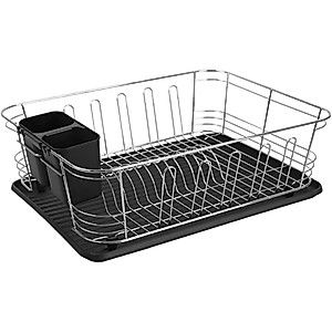 JOEY'Z Large Black Contempo 3 Piece Dish Rack Sink Set with Removable Drainboard, Cup Holders & Utensil Holder - Heavy Duty Chrome Coated Wire - 17.5" x 13.5" x 5.5"