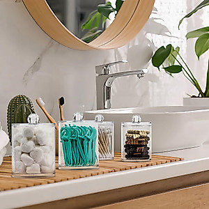 SZHLUX 4-Pack Qtip Holder Dispenser for Floss Picks, Cotton Swabs, Cotton Balls, Cotton Rounds - Small Clear Plastic Storage Jars Set for Bathroom Organization, Vanity Makeup Organizer