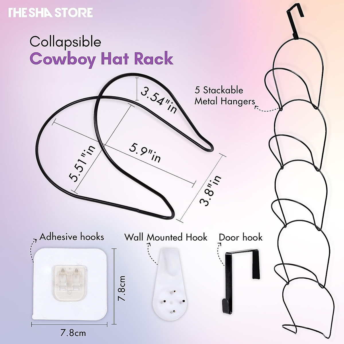 Cowboy Hat Rack for Wall - 5 Pieces Cowboy Hat Holder for Trucks, Durable Metal Hat Rack for Cowboy Hats for Perfect Shape