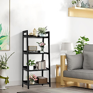 ECOMEX 4-Tier Ladder Shelf Modern Style Shelf, Ladder Bookshelf Open Storage Rack Wood Ladder Shelf with Solid Pine Frame, Freestanding Ladder Shelves for Home Office, Bedroom (Black)