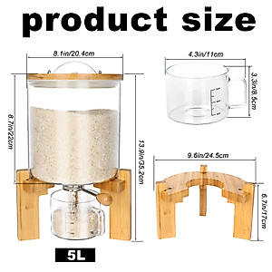 5L Glass Rice Dispenser Large Flour and Cereal Container Rice Storage Container with Airtight Lid,Wooden Stand&Measuring Cup,Clear Kitchen Food Jars Glass Food Storage Container for Organization