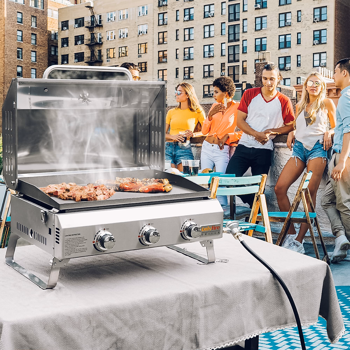 Onlyfire Flat Top Gas Griddle with Foldable Legs, 3-Burner Stainless Steel Propane Gas Grill Griddle, 24” Portable Tabletop Griddle for Outdoor Cooking Camping Tailgating RV, 24000 BTU, GS309