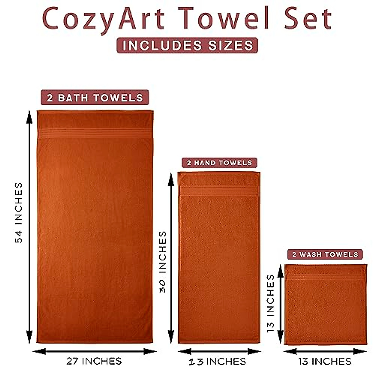 COZYART Orange Bath Towels Set for Bathroom Turkish Cotton Thick Soft Absorbent Durable 650 GSM Towel Set of 6, 2 Large Bath Towels, 2 Hand Towels, 2 Washclothes