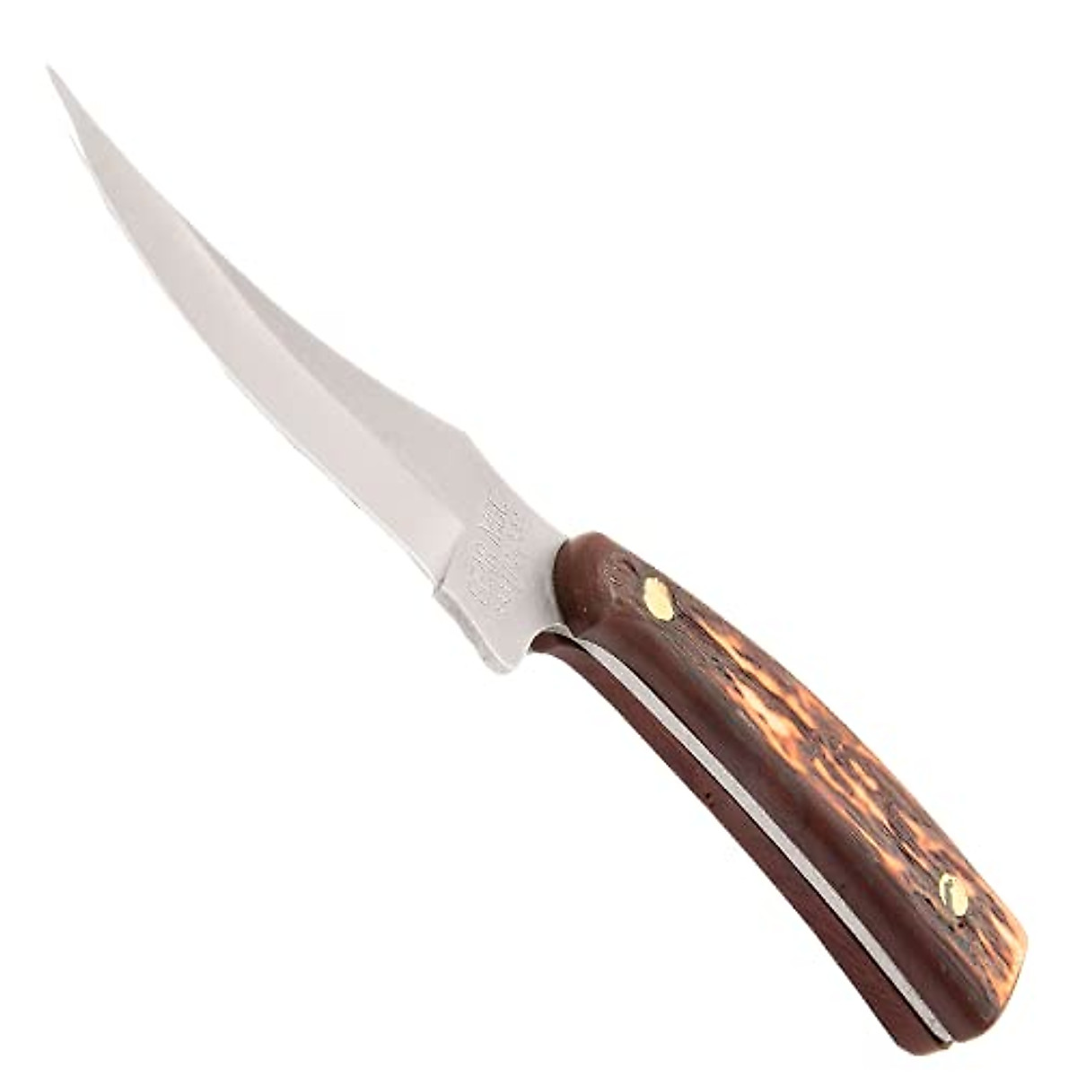 Bear & Son Cutlery 7 1/4" Upswept Skinner Knife, 440 High Carbon Stainless Steel Blade, Stag Delrin Handle, Leather Sheath (753)