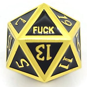 Black and Gold Metal D20 F*** Dice Critical Fail F 20 Sided Die Set DND Black Gunmetal Color Number for Role Playing Game Dungeons and Dragons D&D Pathfinder Shadowrun and Math Paladin