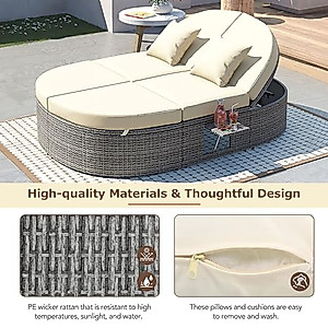 EOVTK Outdoor Rattan Daybed, Multifunctional 2-Person Sun Bed with Cushions and Pillows, Wicker Reclining Chaise Lounge with Adjustable Backrests and Foldable Cup Trays for Lawn, Poolside, Beige