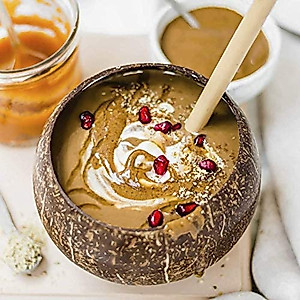 LANNA Natural Polished Coconut Bowls Set of 2 with Hand Carved Wood Spoons & Bamboo Straws - Perfect Eco-Friendly Gifts for Vegan, Buddha Bowls, Acai Smoothie Drinking Cups(Medium)