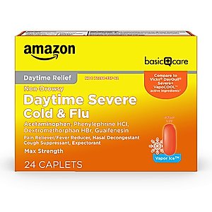Amazon Basic Care Daytime Severe Cold & Flu Relief Caplets, Cold Medication for Severe Cold and Flu Symptoms Like Headache, Fever, Coughing, Chest & Nasal Congestion, Vapor Ice, 24 Count