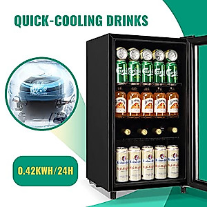 WANAI Beverage Refrigerator 125 Can Mini Fridge Cooler Black Mini Beer Fridge Glass Door for Wine Soda Juice Small Drink Cooler Machine Clear Front Removable for Home Office Bar Freestanding