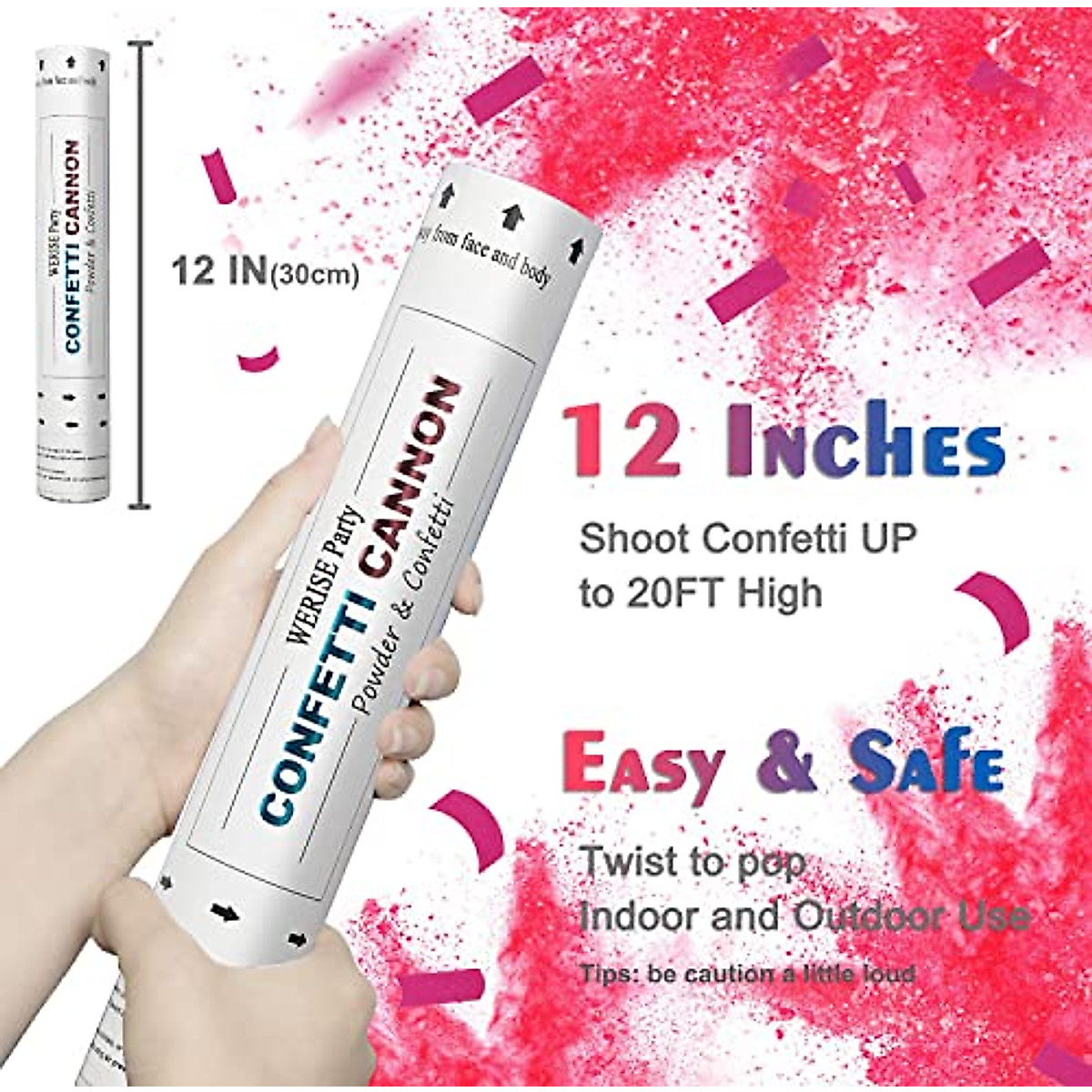 Gender Reveal Confetti Cannon Pink, WERISE Gender Reveal Smoke Bomb Only Pink with Biodegradable Confetti and Powder for Gender Reveal Party Supplies, Baby Girl Shower - 4 Pack (12 In)