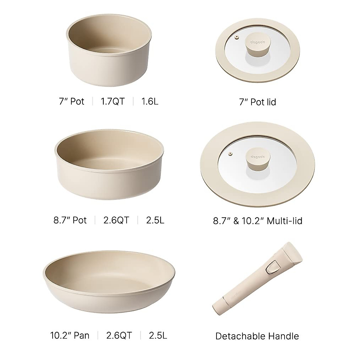 dogado Organic Cookware Set, Nonstick Ceramic 6 Piece, Stackable Pots and Pan, Detachable Removable Handle (Sand Beige)