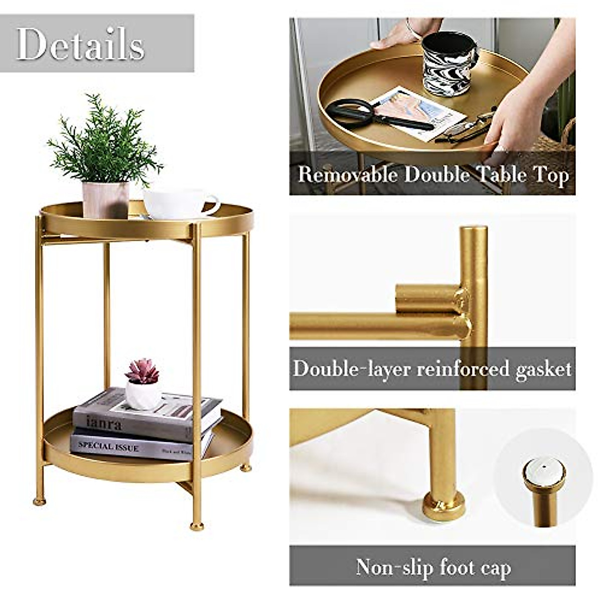 Tiita Round End Table Mental 2-Tier Side Table Nightstand/Small Iron Tables Accent Coffee Table for Living Room Bedroom Office Small Space