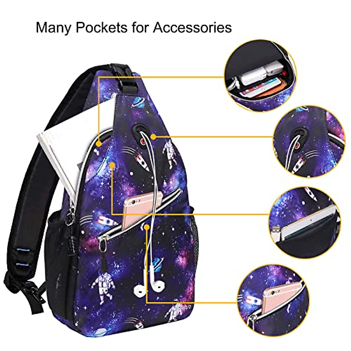 MOSISO Sling Backpack,Travel Hiking Daypack Pattern Rope Crossbody Shoulder Bag, Flamingo&Spacewalking Astronauts