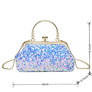 WIGUYUN Women Sequins Evening Handbag Glitter Top Handle Purse Chain Cross-body Bag Blue