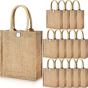 15 Pack Burlap Beach Bags Burlap Tote Handbag Burlap Tote Bags with Handles and Button Reusable Burlap Shopping Bags for Shopping Wedding Beach Bridesmaid Gifts Favors, 11 x 9.4 x 3.9 Inch Khaki