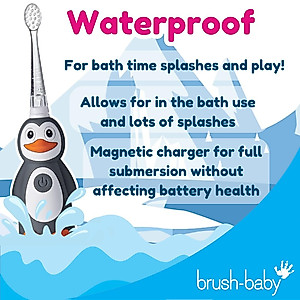 brush-baby WildOnes Kids Electric Rechargeable Toothbrush Penguin, 1 Handle, 3 Brush Heads, USB Charging Cable, for Ages 0-10 (Penguin)