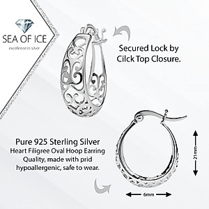 SEA OF ICE Silver Hoop Earrings for Women - Oval Filigree Trendy Fashion Hoop Earrings – Sterling Silver Earrings for Women Gift Holiday