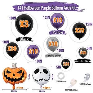 Skull Halloween Birthday Party Decorations - 141pcs Purple Black Balloon Garland Arch Kit with Pumpkin Skull Balloons for Nightmare Before Christmas, Day of the Dead, Halloween Baby Shower Decorations
