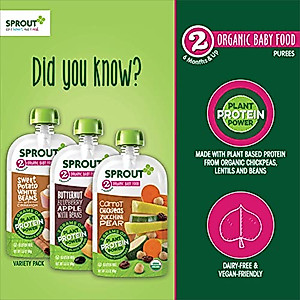 Sprout Organics, Stage 2 Variety Pack, Sweet Potato White Bean, Butternut Blueberry & Carrot Chickpea, 6+ Month Pouches, 3.5 oz (18-count) (Flavours May Vary)