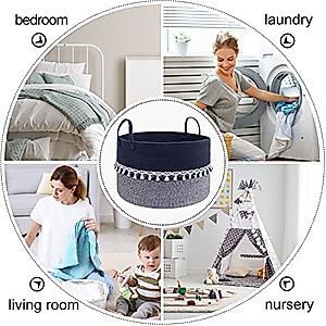 ZuiJia Shenghuo XXXLarge cotton Rope toy Basket-21.7"x21.7"x13.8"Baby Laundry Blanket Basket for storage-Extra Large Toy Bin with Handles-Living Room Bedroom Laundry Tassel Decor basket-Navy blue