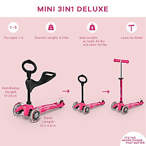 Mini 3in1 Deluxe 3-Stage Ride-on Micro Scooter Toddler Toys for Ages 12 Months to 5 Years - Pink