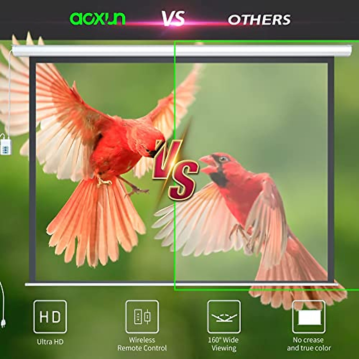 Aoxun Motorized Projector Screen Pull Down with Remote Control 120 inch Electric 4:3 Projection Screen,Video Projection Screens-White