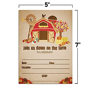 Rustic Old Fashioned Barn Fall & Autumn Barnyard Farm Birthday Party Invitations, 20 5x7 Fill In Cards with Twenty White Envelopes by AmandaCreation
