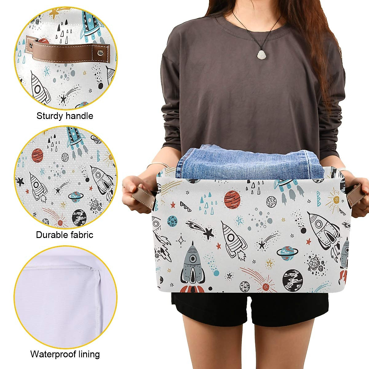 Storage Basket Cube Large Collapsible Toys Storage Box Bin Laundry Organizer for Closet Shelf Nursery Kids Bedroom,15x11x9.5 in (2 pack, Space Rocket Planet)