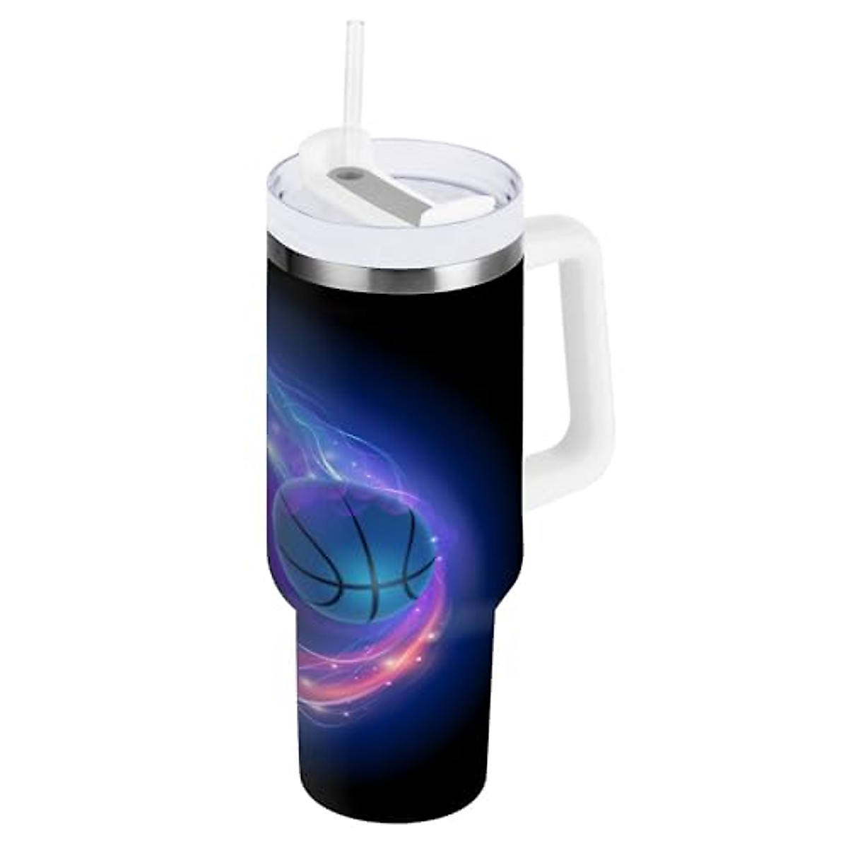 Caikeny Insulated Tumblers with Lid and Straw Basketball Ball 30 oz Reusable Stainless Steel Cup Flames Lights Water Bottle Coffee Travel Tumbler Mug for Women Men