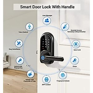 Veise Smart Lock, Keyless Entry Door Lock with Handle, Fingerprint 7-in-1 Locks for Front Door, Electronic Digital Keypad, APP Control, Set, Matte Black
