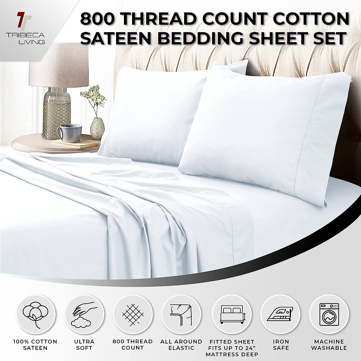 Tribeca Living Queen Bed Sheet Set, Soft Egyptian Cotton Sateen Solid Sheets and Pillowcase Set, Deep Pocket, 800 Thread Count, 4-Piece Luxury Bedding, White