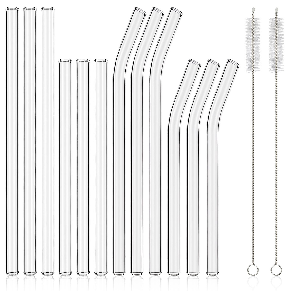 [12 Pcs] Reusable Glass Straws Shatter Resistant - 11" x 8mm and 9" x 8mm Each Including 3 Straight and 3 Bent with 2 Cleaning Brush Perfect for 30 oz and 20 oz Tumblers Juice Coffee Cocktail Tea